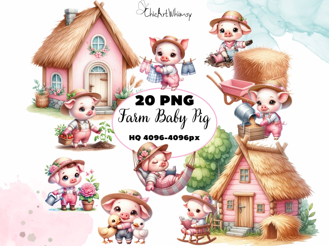 Watercolor Farm Baby Pig Clipart 20 PNG, Pink Pig Clipart, Farm Baby ...