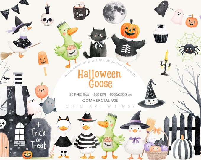 Watercolor Halloween Goose Clipart Set, Cute Spooky Geese PNG ...