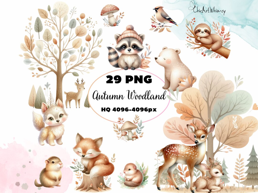 Watercolor Autumn Woodland Animals Clipart 39 PNG, Cute Forest Animals ...