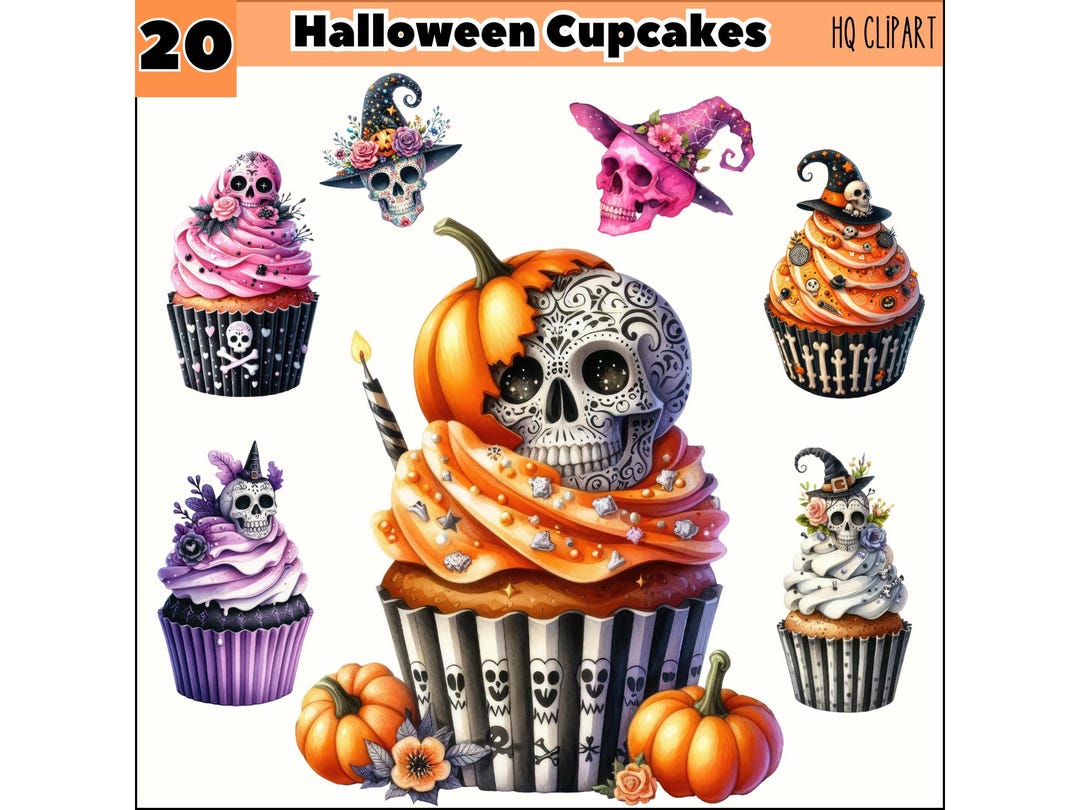 Halloween Cupcakes Watercolor Clipart Bundle, 20 PNG Spooky Images ...