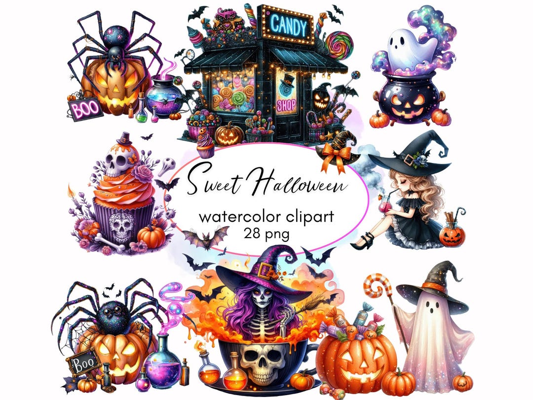 Sweet Halloween Watercolor 28 Clipart, Happy Halloween Bundle, Witch ...