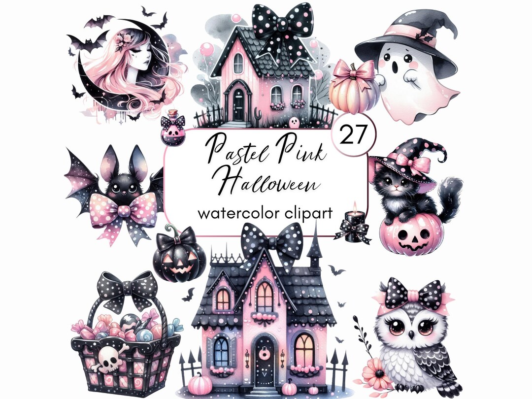 Watercolor Pastel Pink Halloween 27 Clipart, Cute Ghosts, Pumpkins PNG ...