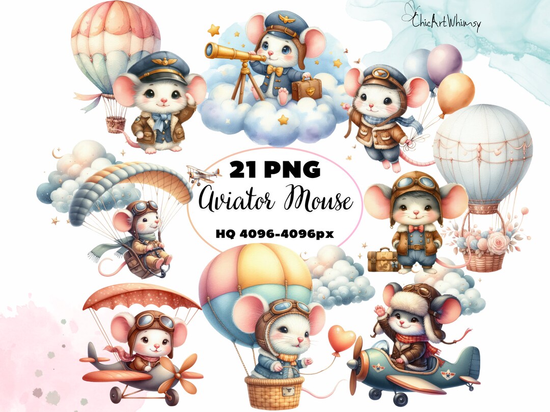 Watercolor Aviator Mouse Clipart 29 PNG, Aviator Little Mouse ...