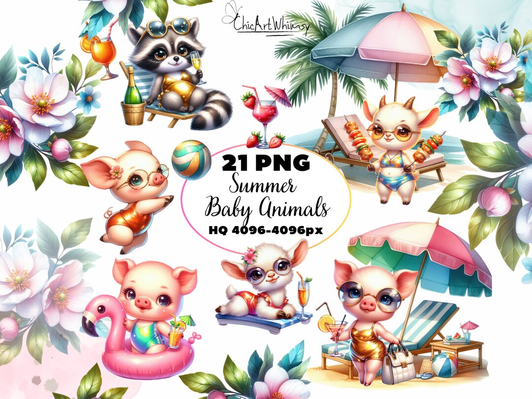 Bundle Watercolor Summer Baby Animals Clipart 21 PNG, Sunny Beach Day ...