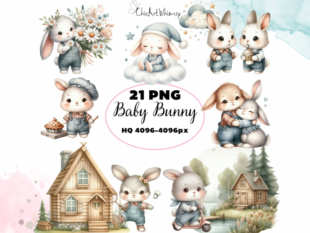 Watercolor Boho Baby Bunny Clipart 21 PNG, Baby Animals, Boho Animals ...