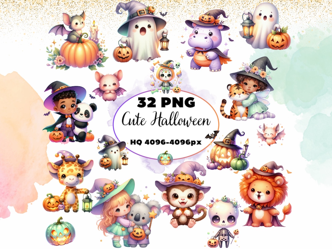 Watercolor Cute Halloween Clipart 32 PNG, Pumpkin Clipart, Halloween ...