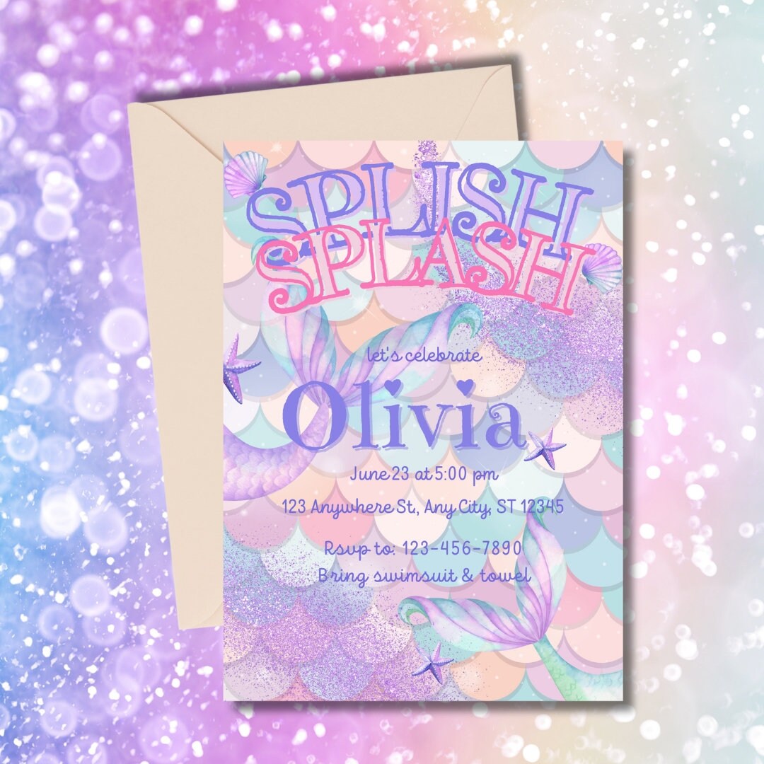 Purple Mermaid Pool Party Invitation, Girly Underwater Celebration ...