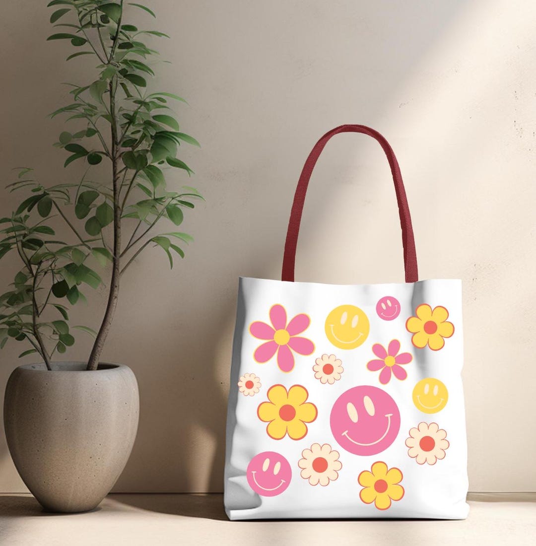 Minimal Smiley Face Tote Bag With Floral Charm Happiness Charming Tote ...