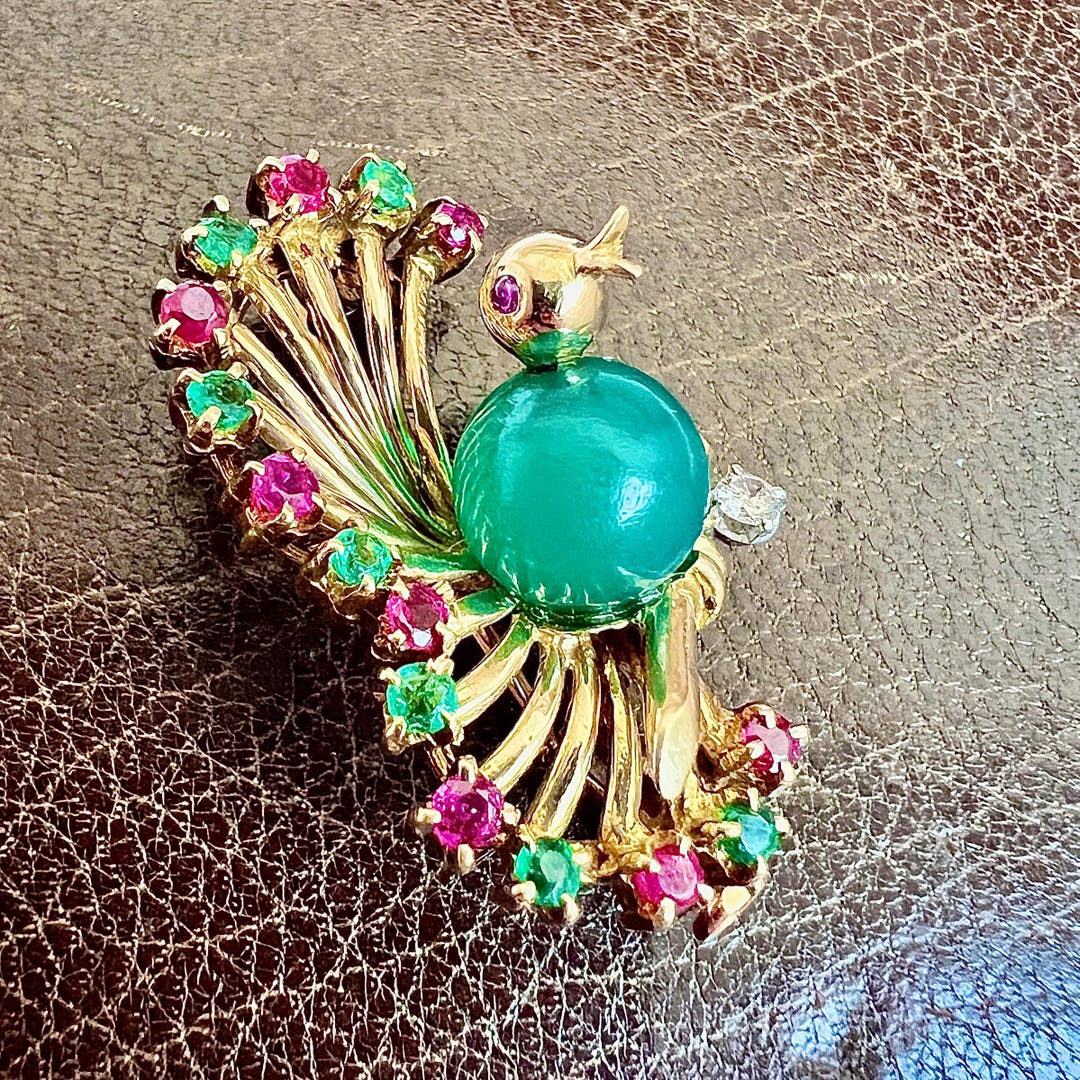 MELLERIO Paris Vintage Bird Brooch - 18k Gold, Emeralds, Rubies ...