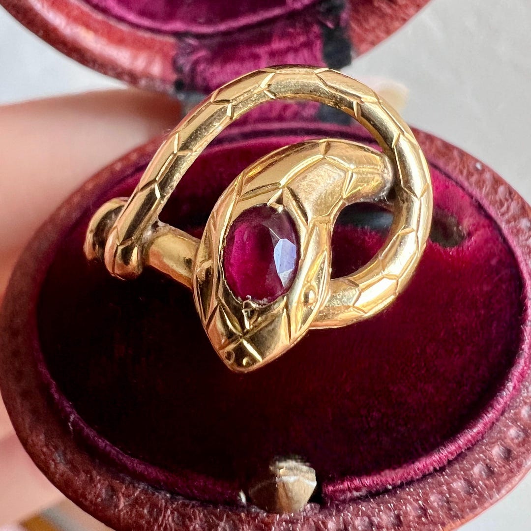 Vintage 18K Gold Snake Ring Ruby Synthetic Serpent Jewelry Yellow Gold ...