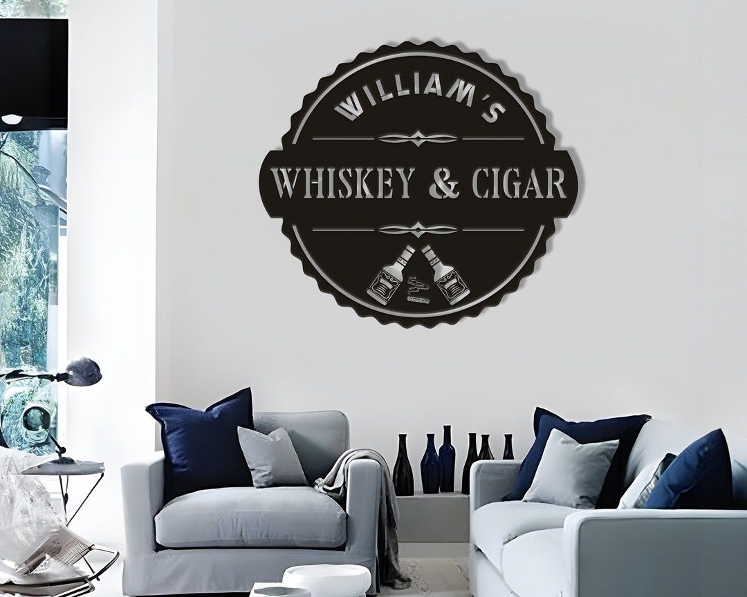 Custom Cigar Lounge, Metal Wall Art, LED Light, Personalized Whiskey ...