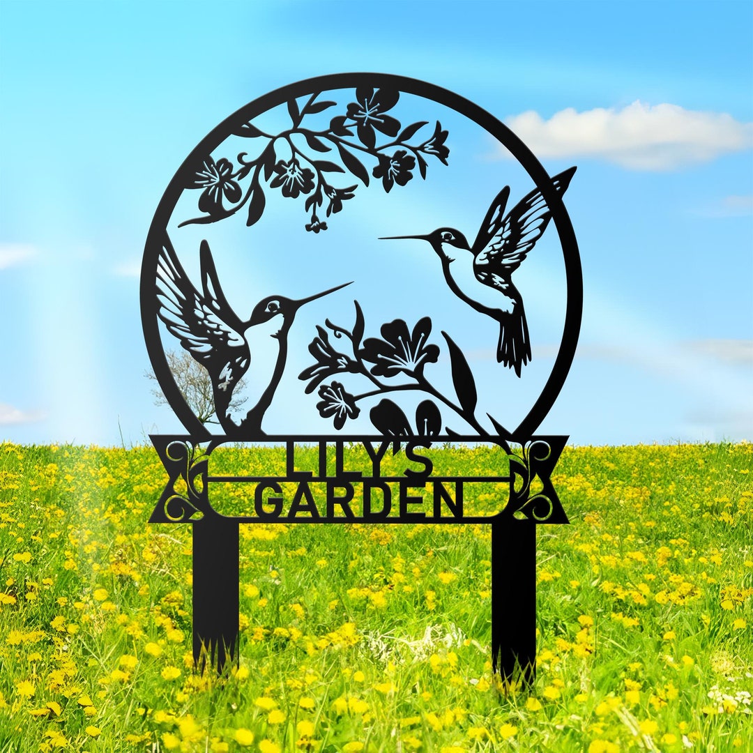 Custom Hummingbird Metal Garden Stake, Custom Garden Name Sign ...