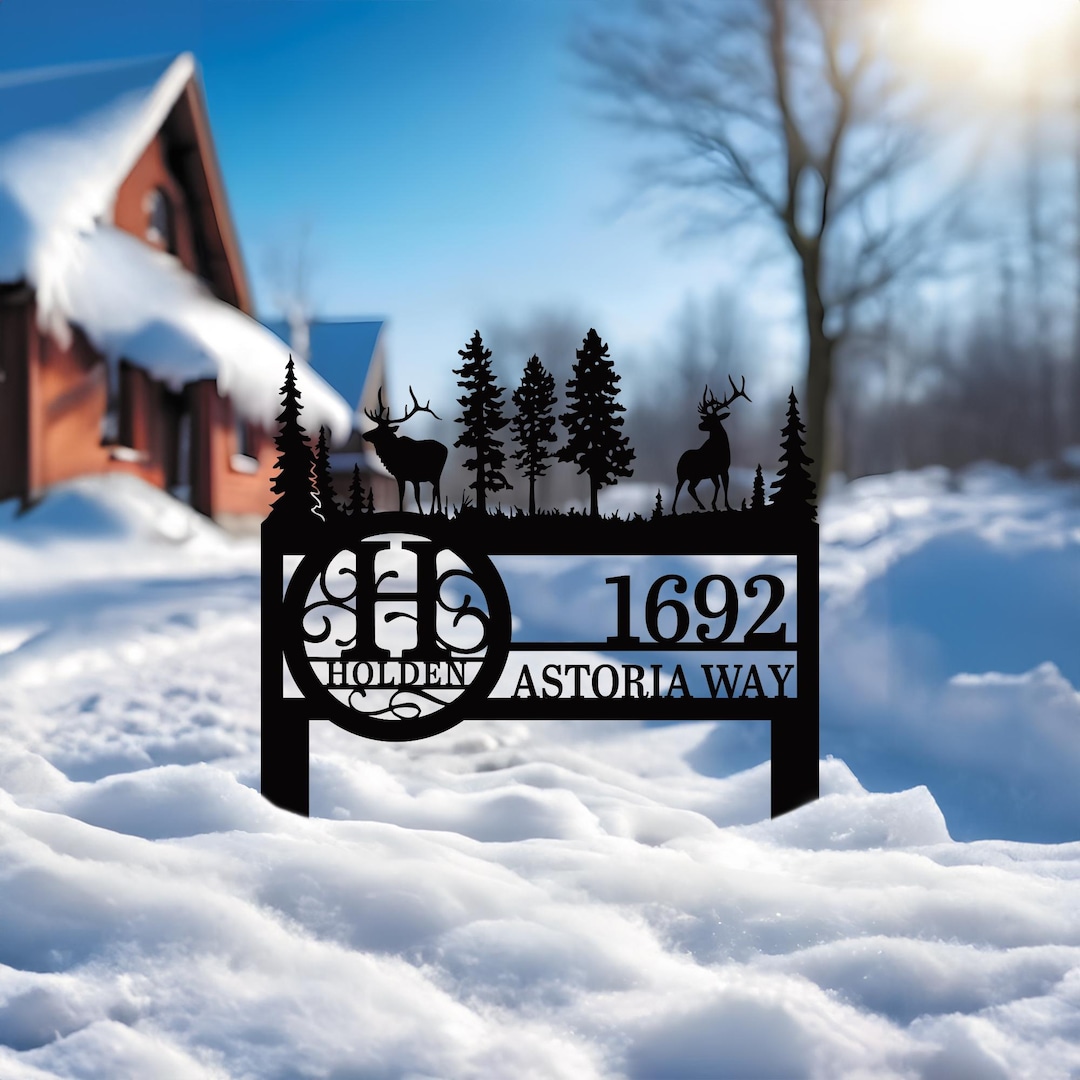 Rustic Cabin Address Sign, Custom Metal Deer & Pine Tree House Number ...
