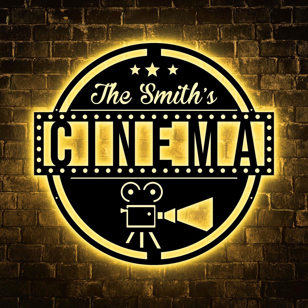 Home Theater LED Metal Sign, Custom Cinema Wall Art With Family Name ...