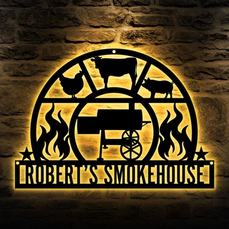 Personalized BBQ Sign Led Lights, Custom Smokehouse Metal Wall Art ...