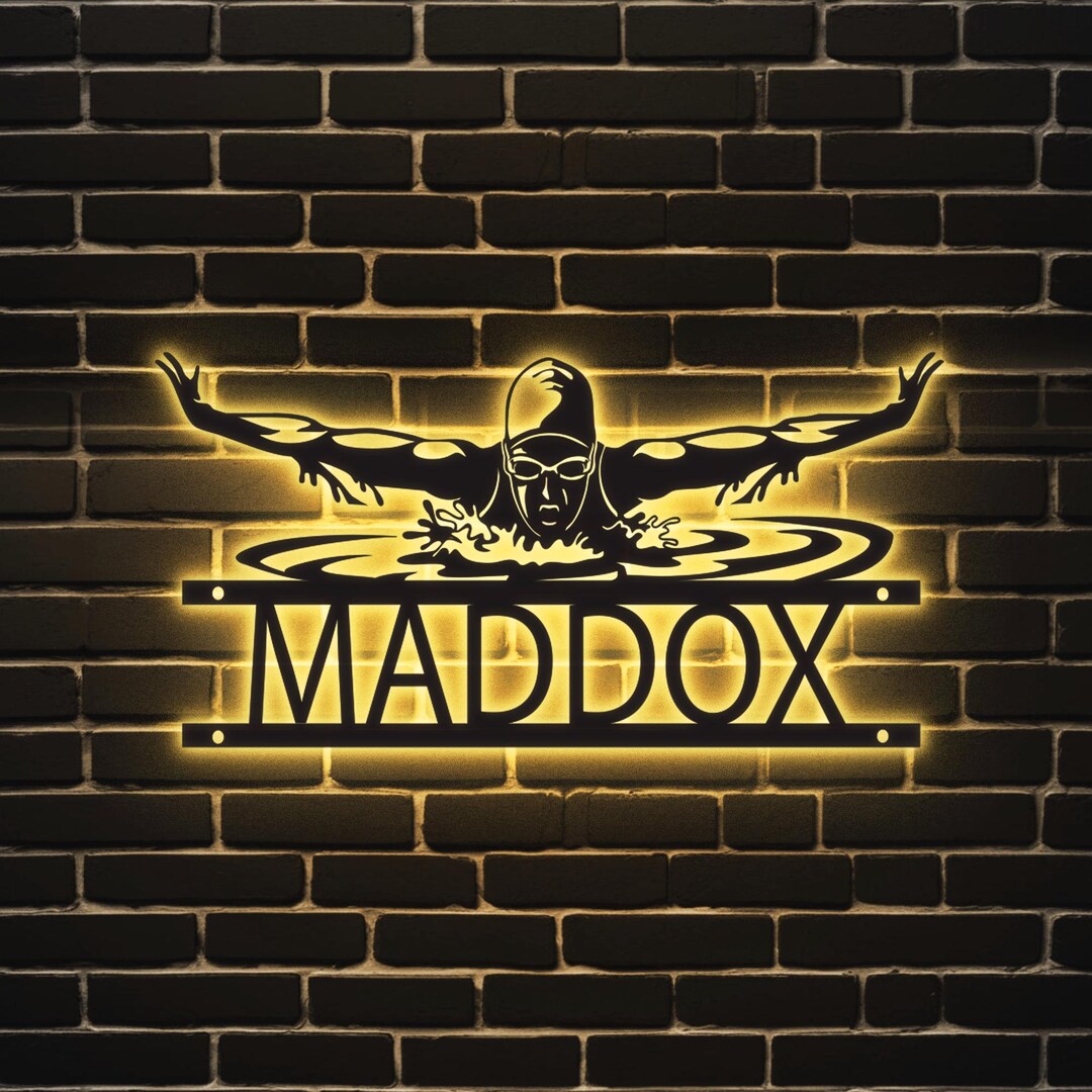 Personalized Man Swimmer Metal Wall Art LED Light, Custom Swimming ...