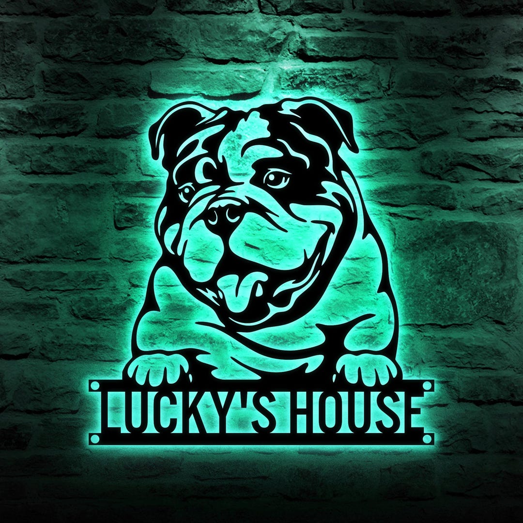 Custom English Bulldog Metal Sign Led Light, Personalized Dog Name Sign ...