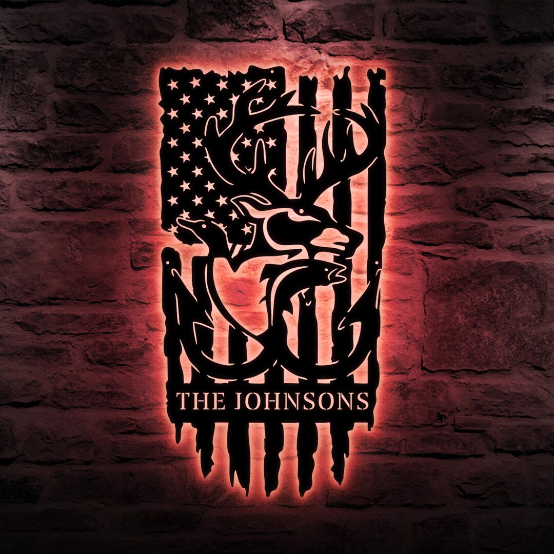 Personalized Hunting Name Sign With USA Flag, Custom Hunter Metal Wall ...