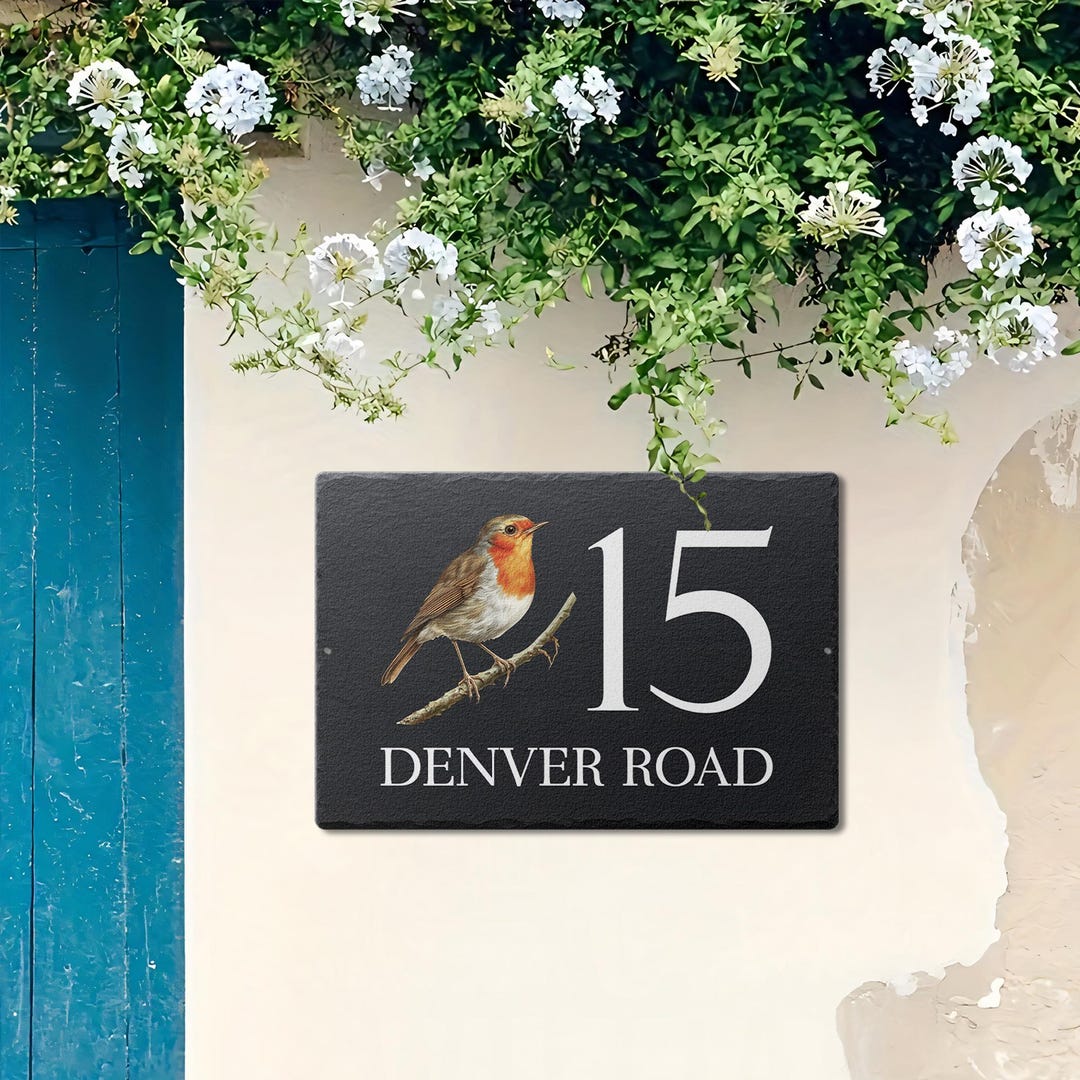 Personalized Robin Bird Metal House Sign With Slate Effect, Modern ...