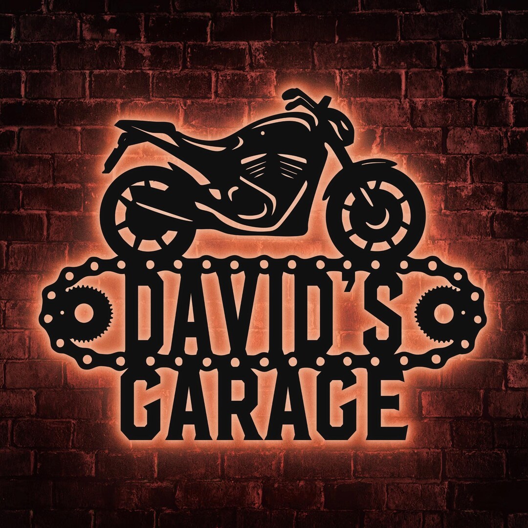 Personalized Biker Garage LED Sign – Custom Metal Motorcycle Wall Art ...
