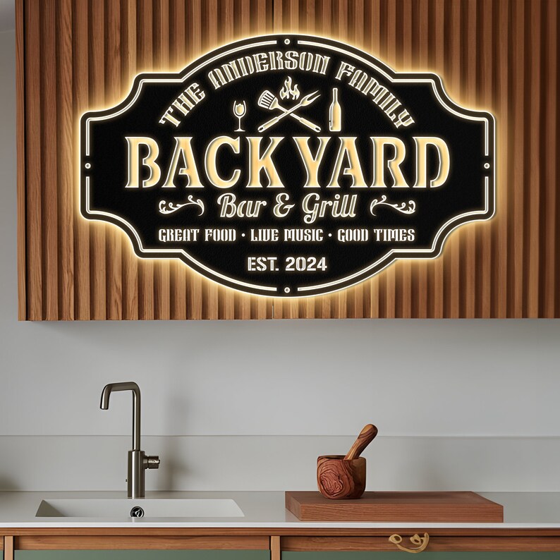 Personalized LED Light Backyard Sign Custom Bar & Grill Sign Metal Sign ...