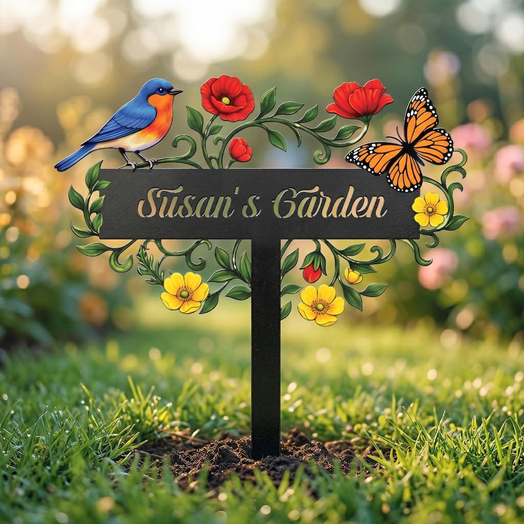 Custom Metal Garden Sign: Bird & Flower Design, Custom Colorful Bird ...