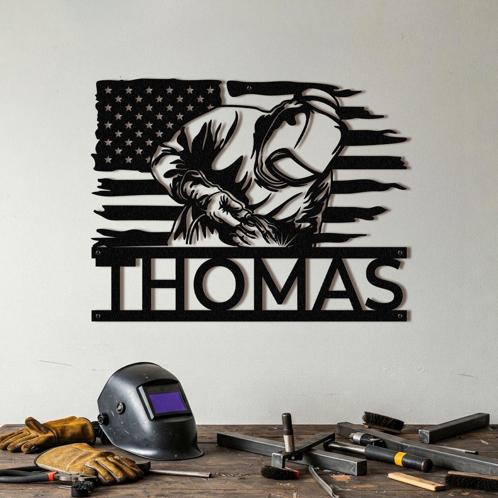 Welding Metal Wall Art – Custom Name Sign With Welder & American Flag ...