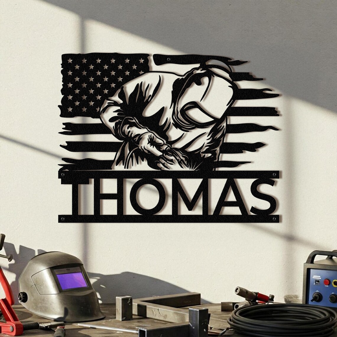 Welding Metal Wall Art – Custom Name Sign With Welder & American Flag ...