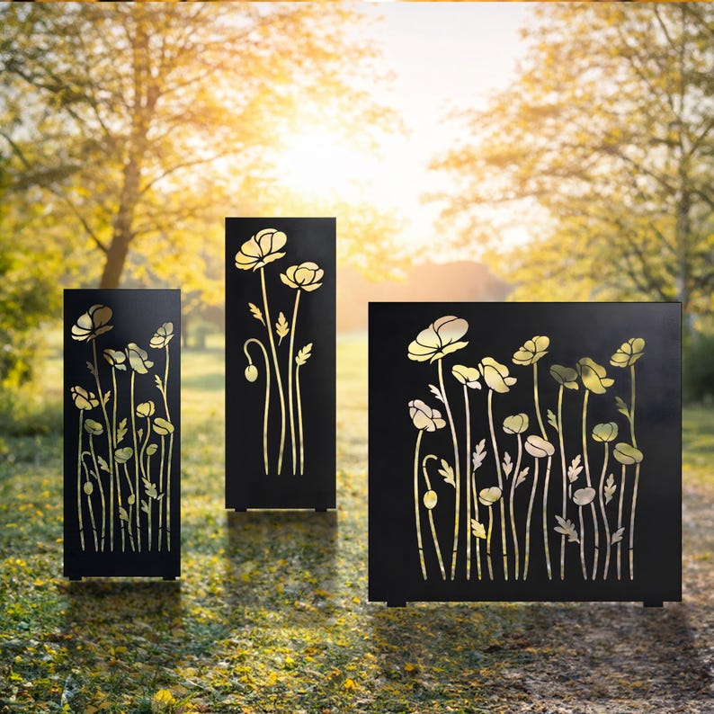 Metal Garden Privacy Screen With Poppy Flowers, Outdoor Decorative ...