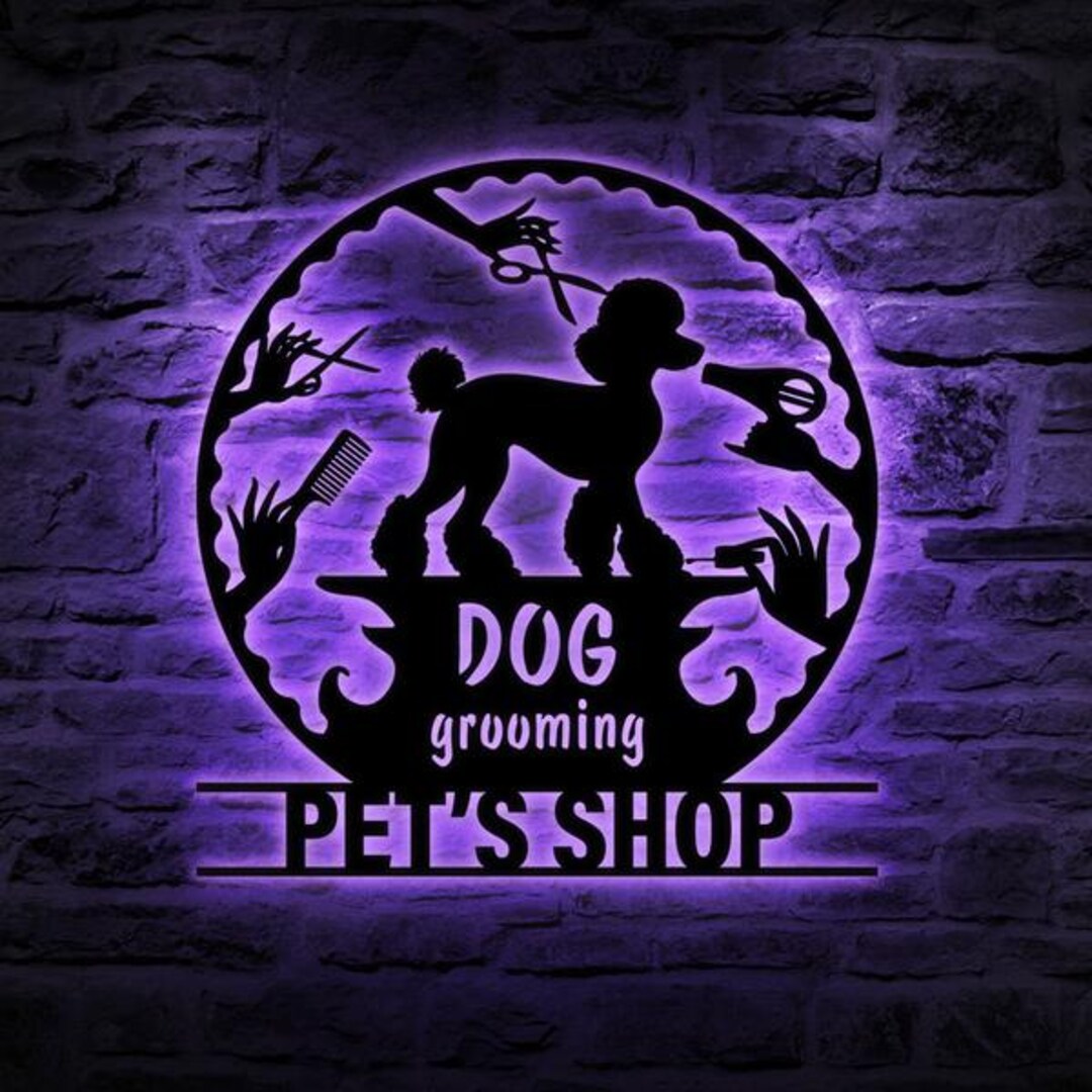 Custom Dog Grooming Hair Salon Metal Wall Art LED Light, Personalized ...