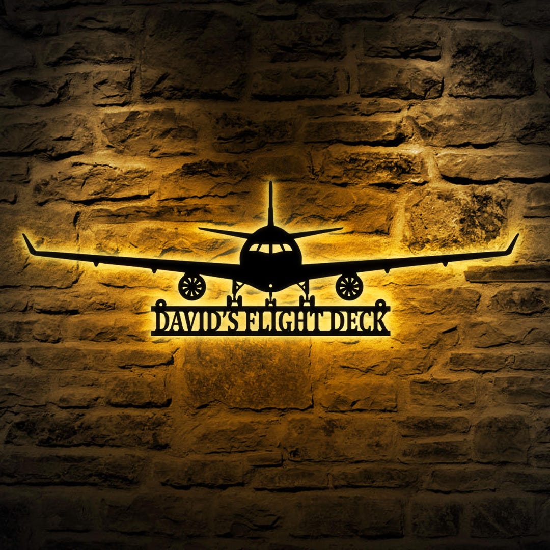 Custom Airplane Metal Wall Art LED Light Personalized Pilot Name Sign ...