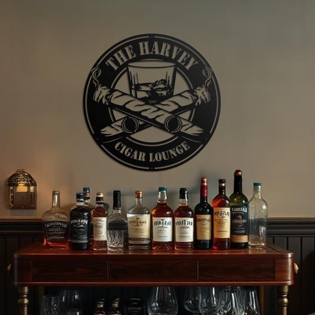 Cigar Lounge Metal Wall Art, Custom Whiskey Glass & Cigar Sign ...
