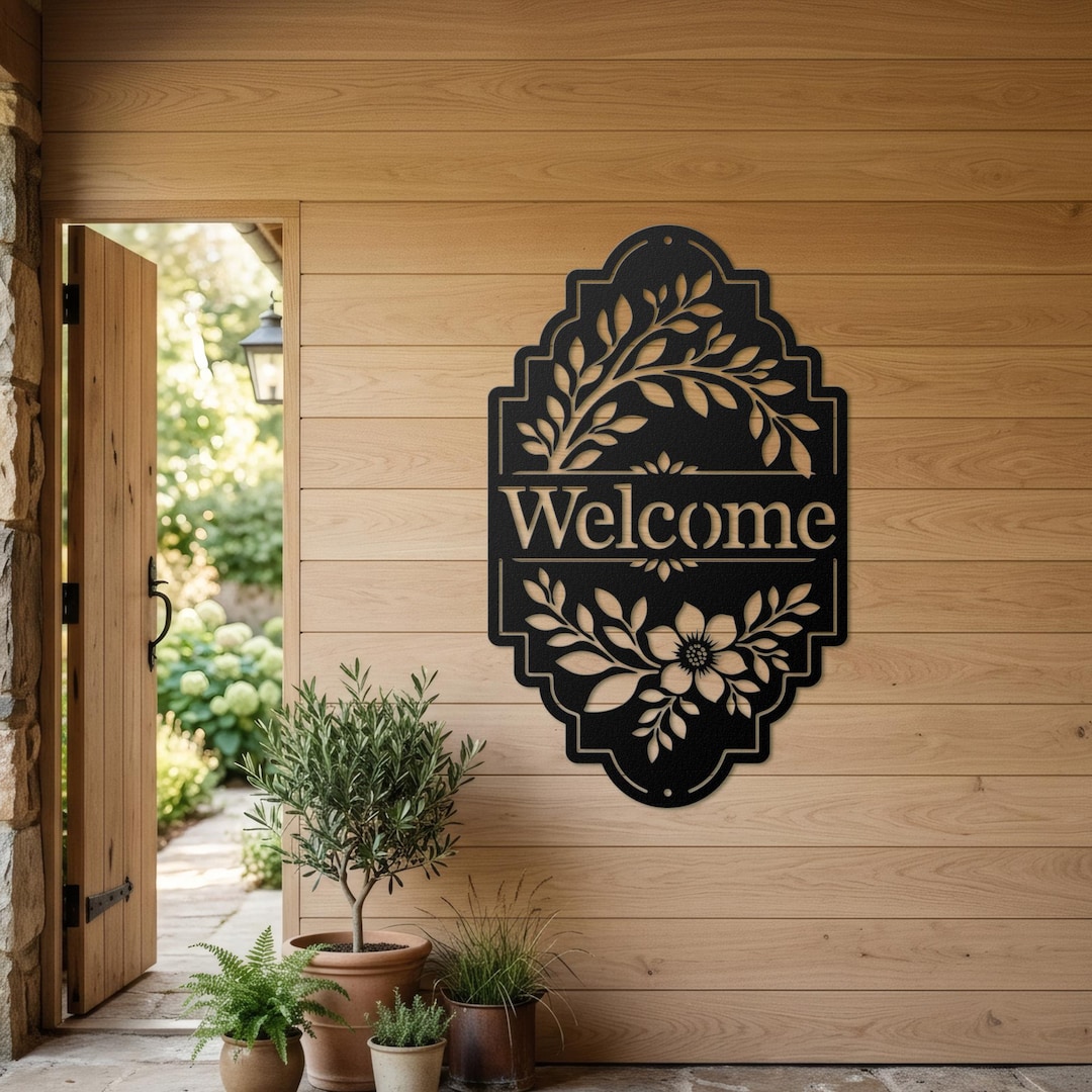 Welcome Metal Wall Sign, Floral Farmhouse Door Decor, Rustic Entryway ...