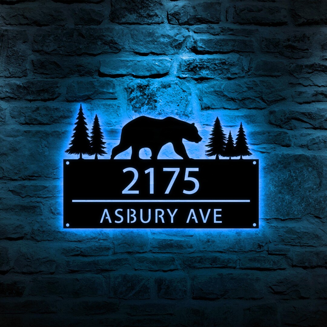 Custom Wilderness Bear House Number Sign With Led Lights, Address Sign ...