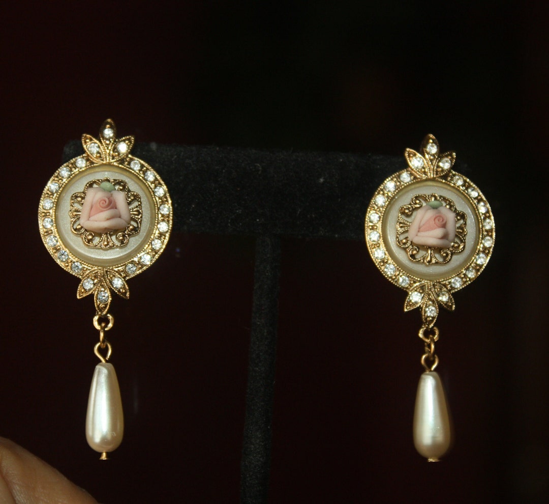 1928 Vintage Victorian Porcelain Pink Rose Dangle Earrings Pierced Ears ...