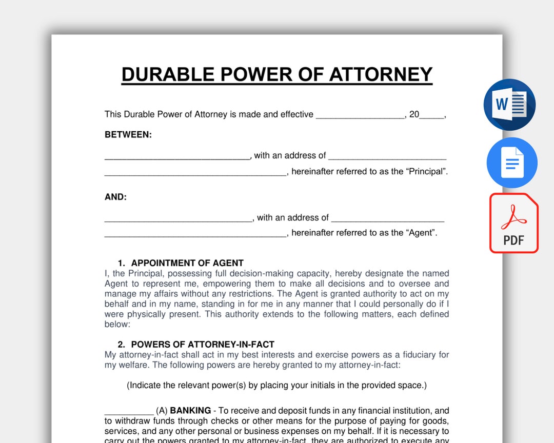 Power of Attorney. Printable Durable Power of Attorney Template ...