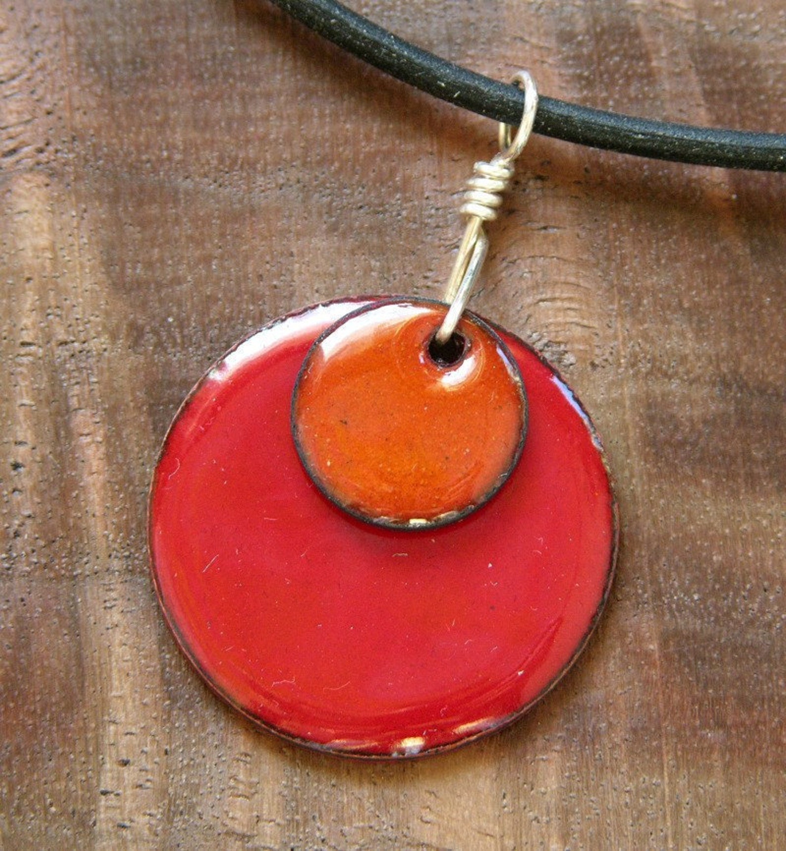Persimmon Orange and Apple Red Copper Enamel Necklace Handmade Disc ...