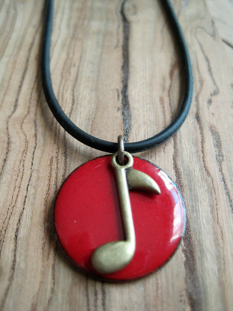 Music Note Pendant, Music Note Necklace, Music Note Jewelry, Red Enamel ...