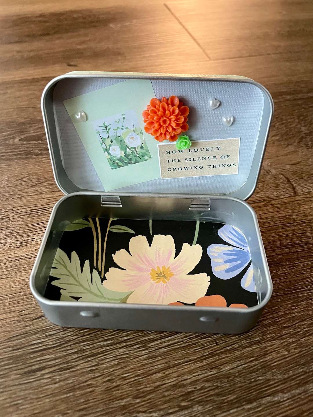 Dark Floral Flowers Tin Storage Box Wallet Purse Organizer Handmade Altoid Case Coquette Cute ...