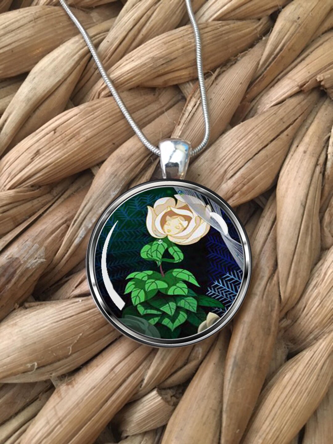 Singing White Rose Alice in Wonderland Glass Pendant Necklace - Etsy