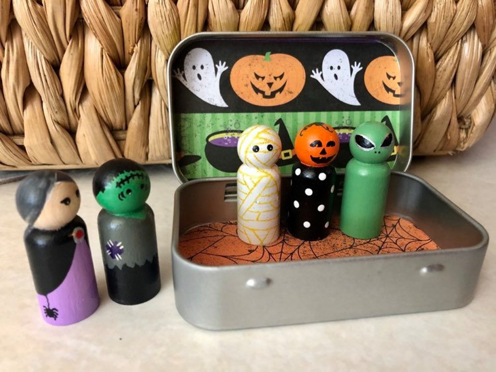 Halloween Peg Doll People Monsters Play Set in Themed Tin - Etsy
