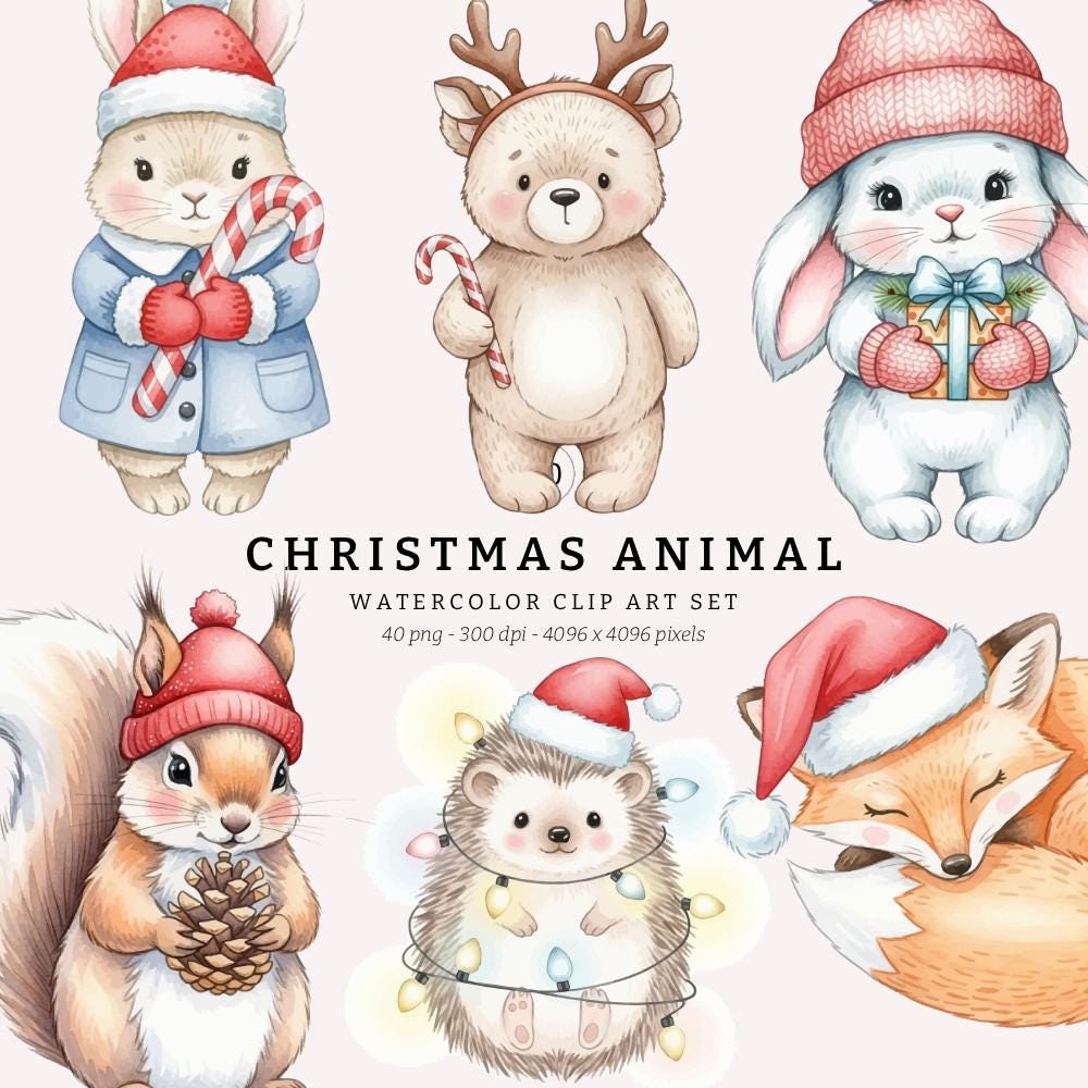 Watercolor Christmas Animals Clipart | Winter Holiday PNG (digital ...