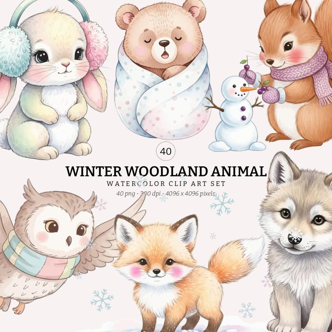 Watercolor Winter Woodland Animal Clipart Set | Winter PNG Bundle ...