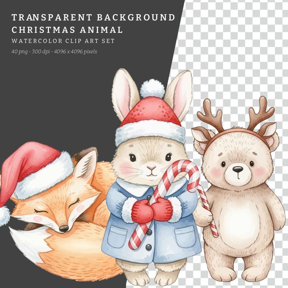 Watercolor Christmas Animals Clipart | Winter Holiday PNG (digital ...