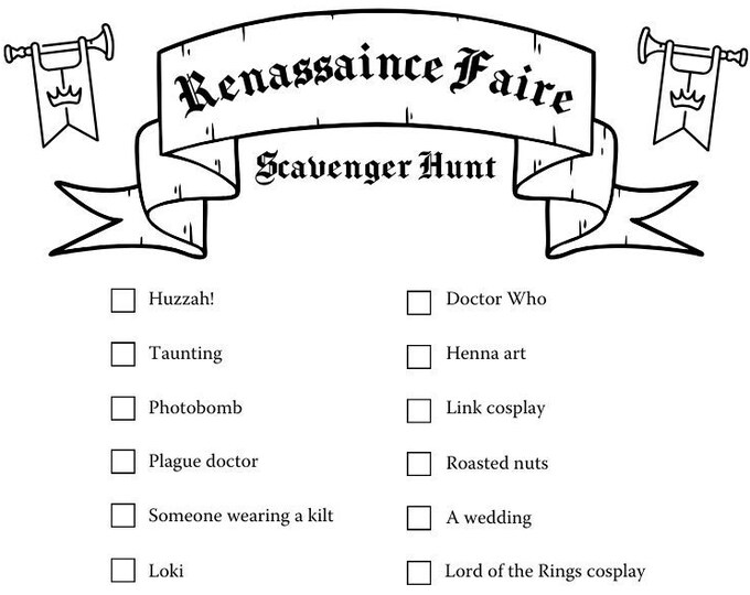 Ren Faire Scavenger Hunt, for Renaissance Faires and Festivals - Etsy