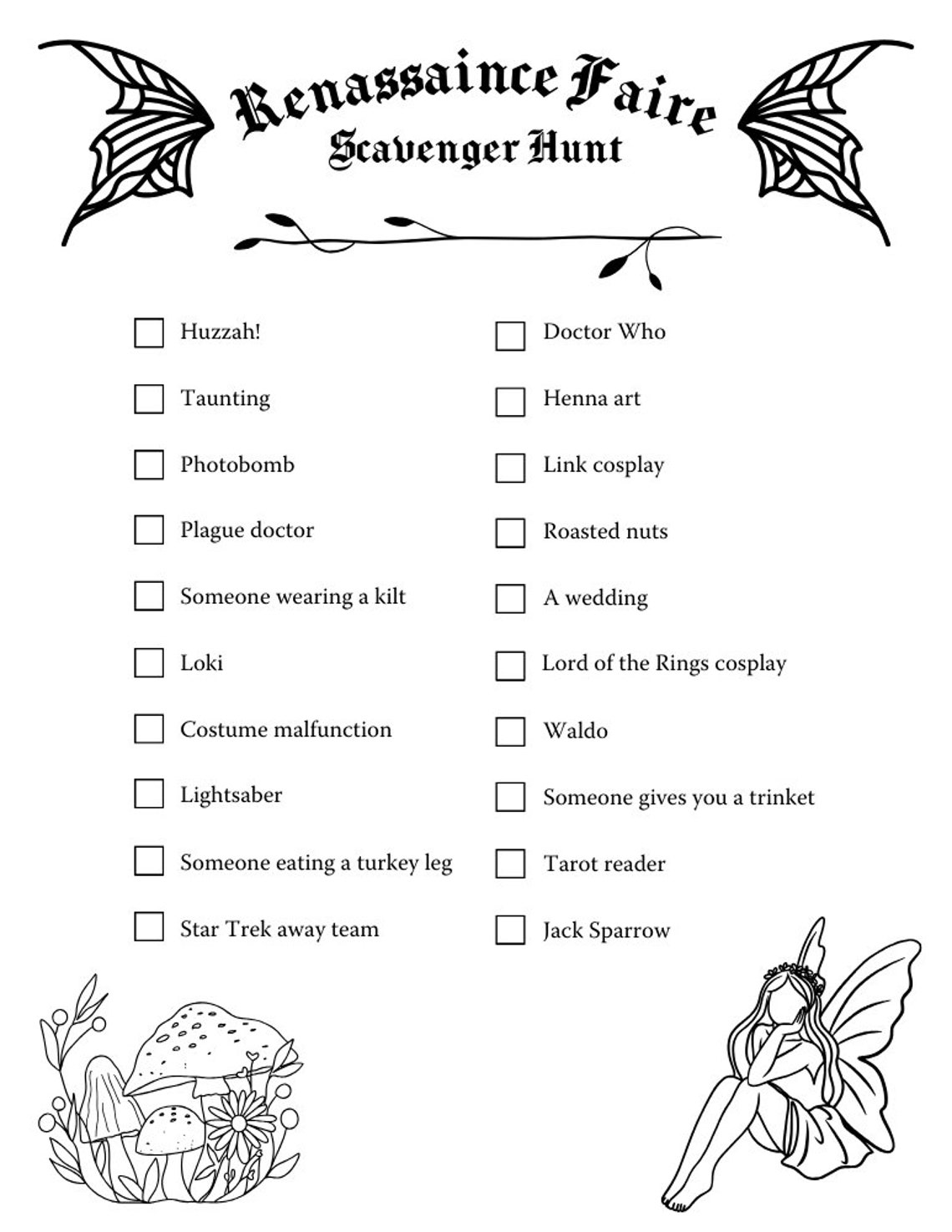 Ren Faire Scavenger Hunt, for Renaissance Faires and Festivals - Etsy
