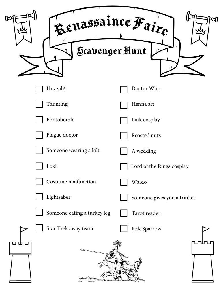 Ren Faire Scavenger Hunt, for Renaissance Faires and Festivals - Etsy