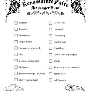 Ren Faire Scavenger Hunt, for Renaissance Faires and Festivals - Etsy