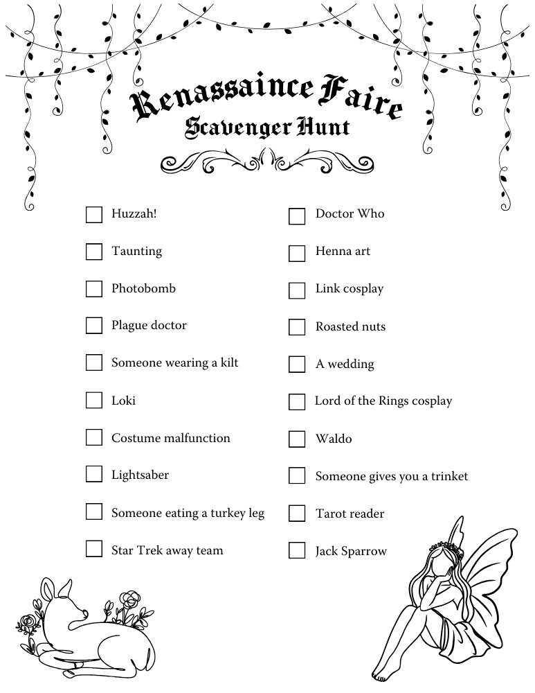 Ren Faire Scavenger Hunt, for Renaissance Faires and Festivals - Etsy