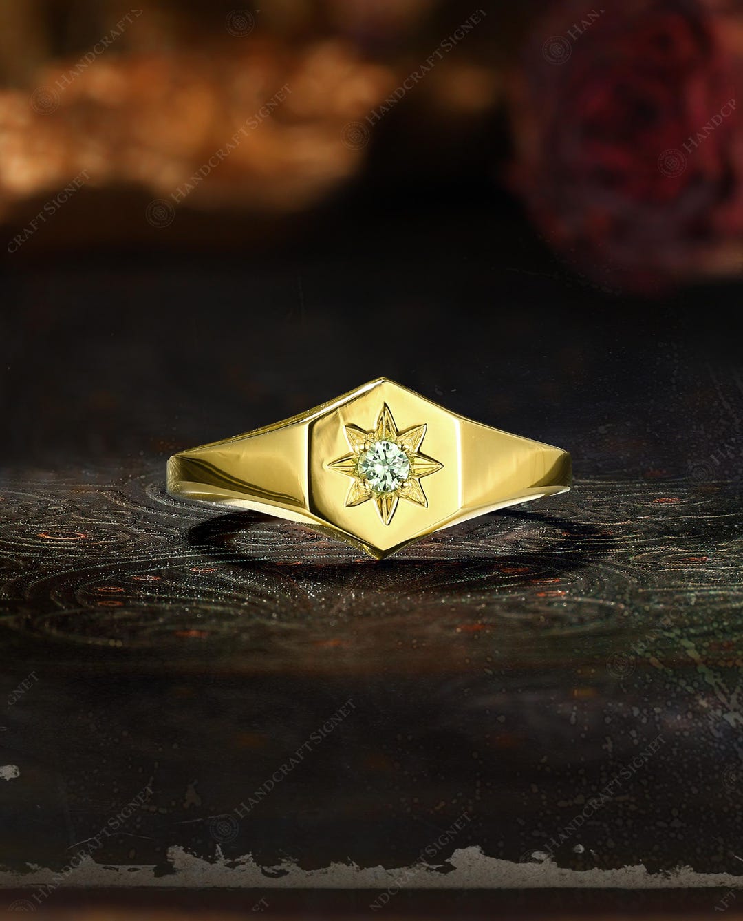 Hexagon Shape Star Signet Ring, Green Sapphire North Star Ring, Unique ...